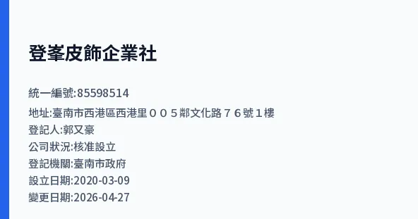 登峯皮飾企業社的照片-統編 85598514(臺南市) 公司登記資料與營業項目詳細圖表