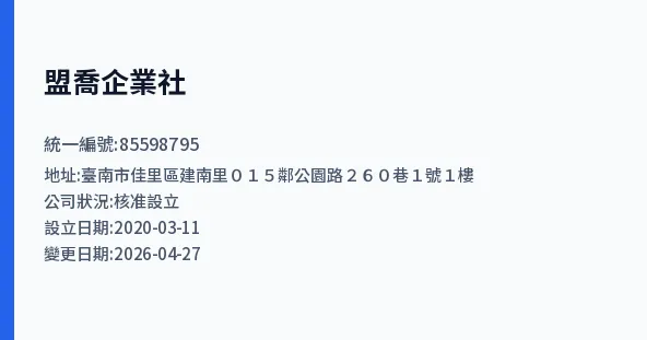 盟喬企業社的照片-統編 85598795(臺南市) 公司登記資料與營業項目詳細圖表