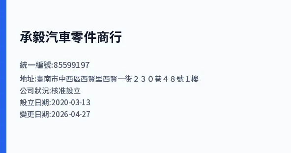 承毅汽車零件商行的照片-統編 85599197(臺南市) 公司登記資料與營業項目詳細圖表