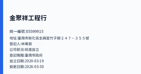 金聚祥工程行的照片-統編 85599915(臺南市) 公司登記資料與營業項目詳細圖表