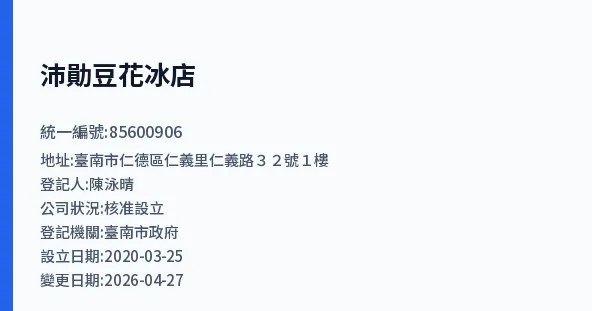 沛勛豆花冰店的照片-統編 85600906(臺南市) 公司登記資料與營業項目詳細圖表