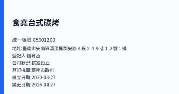 食堯台式碳烤的照片-統編 85601200(臺南市) 公司登記資料與營業項目詳細圖表