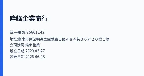 隆峰企業商行的照片-統編 85601243(臺南市) 公司登記資料與營業項目詳細圖表