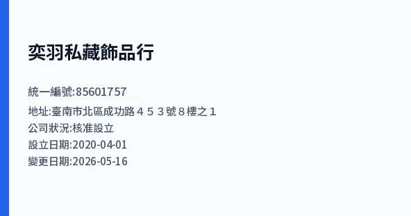 奕羽私藏飾品行的照片-統編 85601757(臺南市) 公司登記資料與營業項目詳細圖表