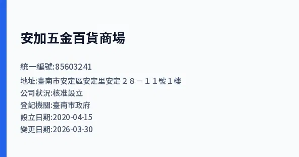 安加五金百貨商場的照片-統編 85603241(臺南市) 公司登記資料與營業項目詳細圖表