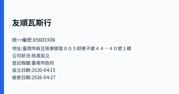 友順瓦斯行的照片-統編 85603306(臺南市) 公司登記資料與營業項目詳細圖表