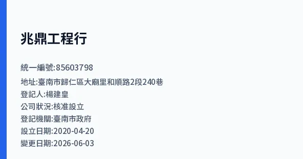 兆鼎工程行的照片-統編 85603798(臺南市) 公司登記資料與營業項目詳細圖表