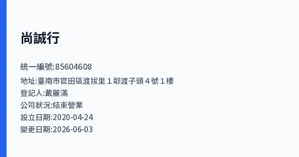 尚誠行的照片-統編 85604608(臺南市) 公司登記資料與營業項目詳細圖表