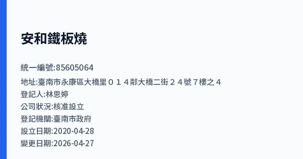安和鐵板燒的照片-統編 85605064(臺南市) 公司登記資料與營業項目詳細圖表