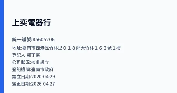 上奕電器行的照片-統編 85605206(臺南市) 公司登記資料與營業項目詳細圖表