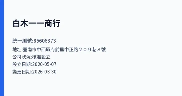 白木一一商行的照片-統編 85606373(臺南市) 公司登記資料與營業項目詳細圖表