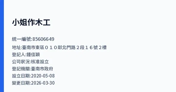 小姐作木工的照片-統編 85606649(臺南市) 公司登記資料與營業項目詳細圖表