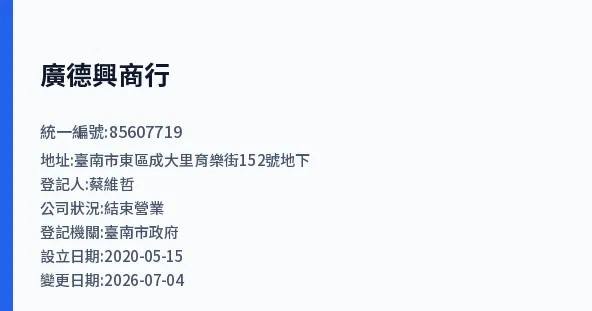 廣德興商行的照片-統編 85607719(臺南市) 公司登記資料與營業項目詳細圖表