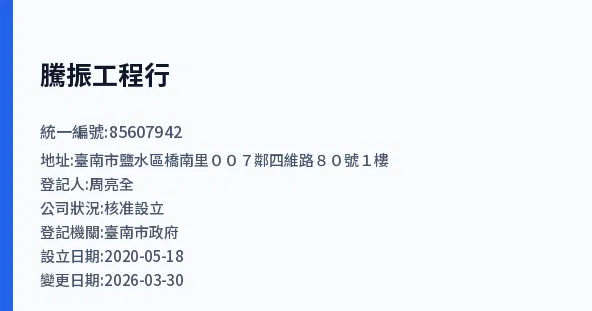 騰振工程行的照片-統編 85607942(臺南市) 公司登記資料與營業項目詳細圖表