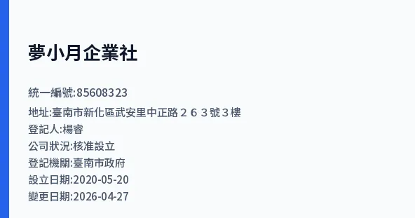夢小月企業社的照片-統編 85608323(臺南市) 公司登記資料與營業項目詳細圖表