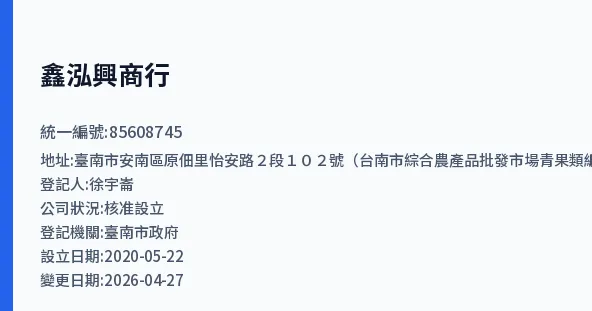 鑫泓興商行的照片-統編 85608745(臺南市) 公司登記資料與營業項目詳細圖表