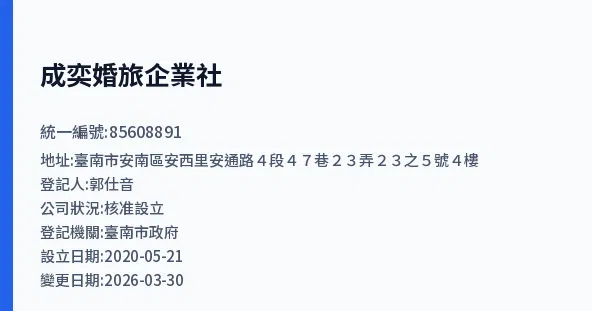成奕婚旅企業社的照片-統編 85608891(臺南市) 公司登記資料與營業項目詳細圖表