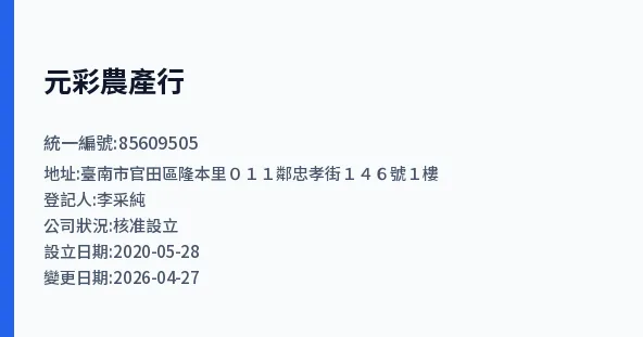 元彩農產行的照片-統編 85609505(臺南市) 公司登記資料與營業項目詳細圖表