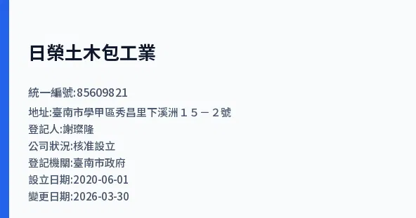 日榮土木包工業的照片-統編 85609821(臺南市) 公司登記資料與營業項目詳細圖表