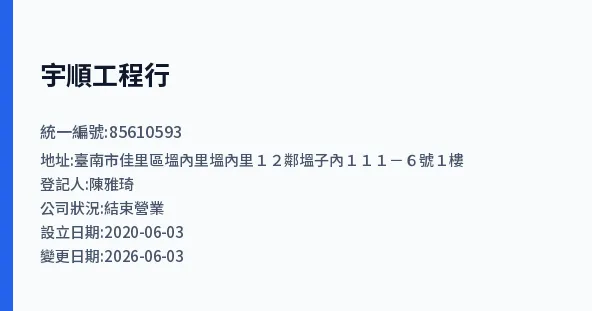 宇順工程行的照片-統編 85610593(臺南市) 公司登記資料與營業項目詳細圖表