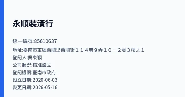 永順裝潢行的照片-統編 85610637(臺南市) 公司登記資料與營業項目詳細圖表