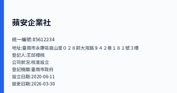 蘋安企業社的照片-統編 85612234(臺南市) 公司登記資料與營業項目詳細圖表