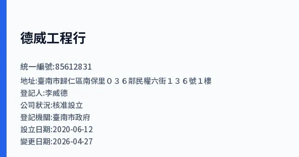 德威工程行的照片-統編 85612831(臺南市) 公司登記資料與營業項目詳細圖表