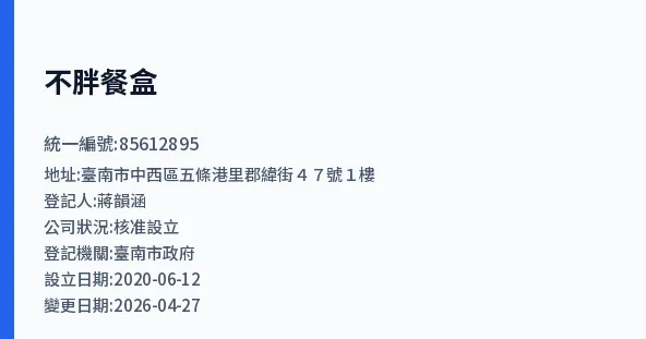 不胖餐盒的照片-統編 85612895(臺南市) 公司登記資料與營業項目詳細圖表