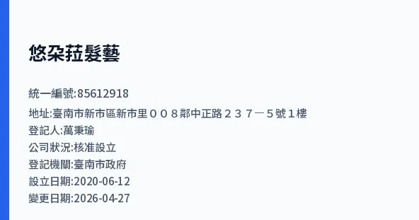 悠朶菈髮藝的照片-統編 85612918(臺南市) 公司登記資料與營業項目詳細圖表
