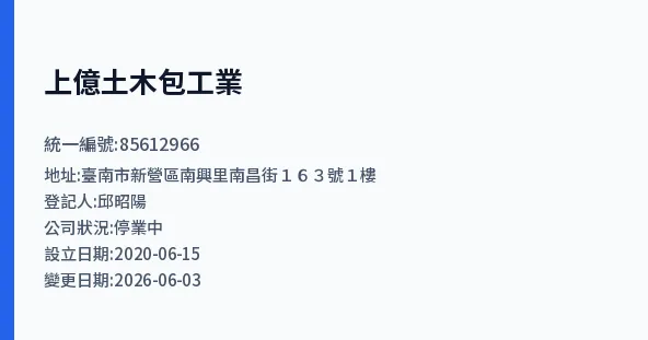上億土木包工業的照片-統編 85612966(臺南市) 公司登記資料與營業項目詳細圖表