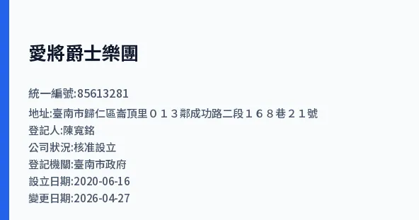 愛將爵士樂團的照片-統編 85613281(臺南市) 公司登記資料與營業項目詳細圖表