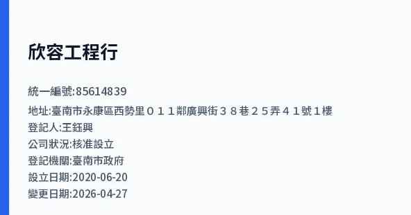 欣容工程行的照片-統編 85614839(臺南市) 公司登記資料與營業項目詳細圖表