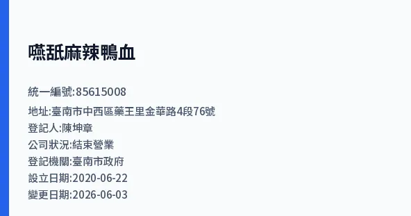 嚥舐麻辣鴨血的照片-統編 85615008(臺南市) 公司登記資料與營業項目詳細圖表