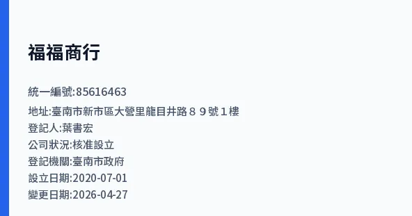 福福商行的照片-統編 85616463(臺南市) 公司登記資料與營業項目詳細圖表