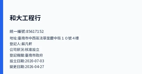 和大工程行的照片-統編 85617152(臺南市) 公司登記資料與營業項目詳細圖表