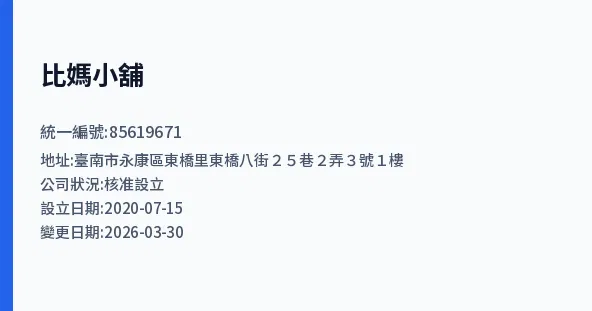 比媽小舖的照片-統編 85619671(臺南市) 公司登記資料與營業項目詳細圖表
