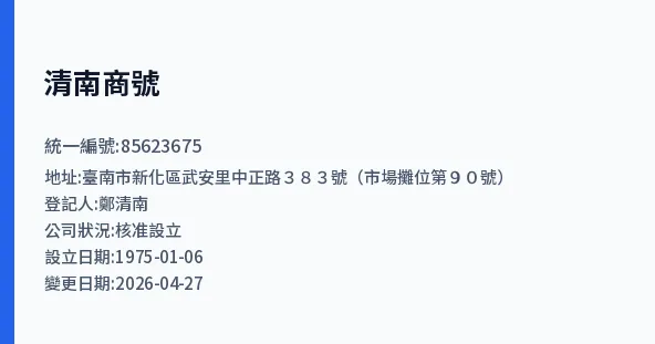 清南商號的照片-統編 85623675(臺南市) 公司登記資料與營業項目詳細圖表
