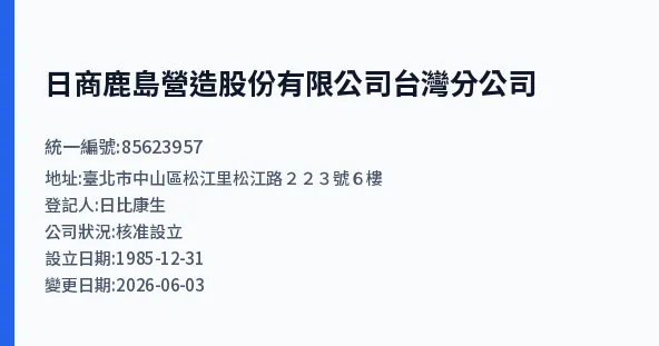 日商鹿島營造股份有限公司台灣分公司的照片-統編 85623957(臺北市) 公司登記資料與營業項目詳細圖表