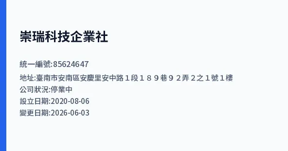 崇瑞科技企業社的照片-統編 85624647(臺南市) 公司登記資料與營業項目詳細圖表