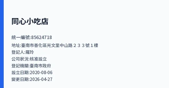 同心小吃店的照片-統編 85624718(臺南市) 公司登記資料與營業項目詳細圖表