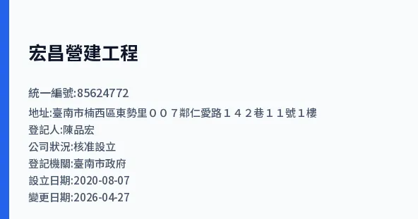 宏昌營建工程的照片-統編 85624772(臺南市) 公司登記資料與營業項目詳細圖表