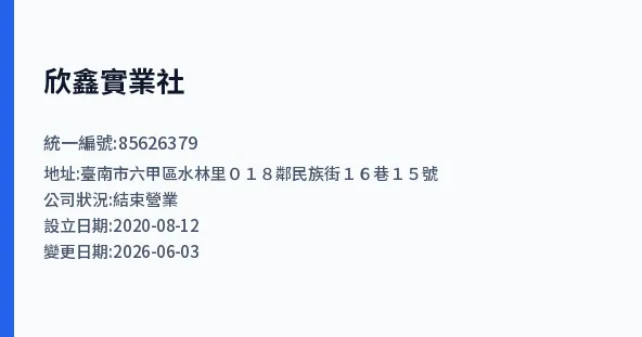 欣鑫實業社的照片-統編 85626379(臺南市) 公司登記資料與營業項目詳細圖表