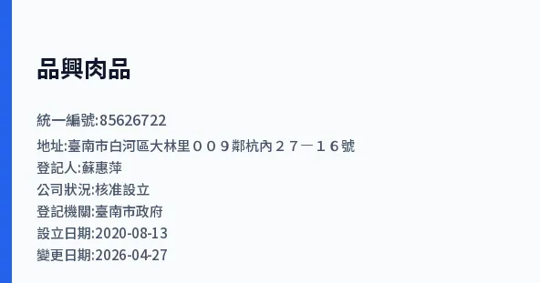 品興肉品的照片-統編 85626722(臺南市) 公司登記資料與營業項目詳細圖表