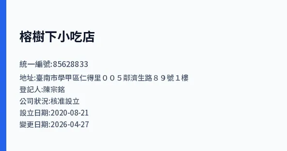 榕樹下小吃店的照片-統編 85628833(臺南市) 公司登記資料與營業項目詳細圖表