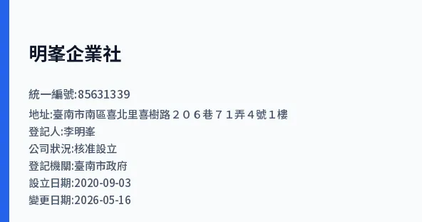 明峯企業社的照片-統編 85631339(臺南市) 公司登記資料與營業項目詳細圖表