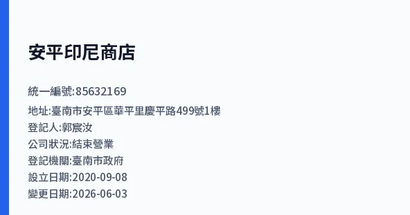安平印尼商店的照片-統編 85632169(臺南市) 公司登記資料與營業項目詳細圖表