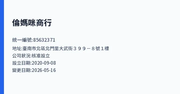 倫媽咪商行的照片-統編 85632371(臺南市) 公司登記資料與營業項目詳細圖表
