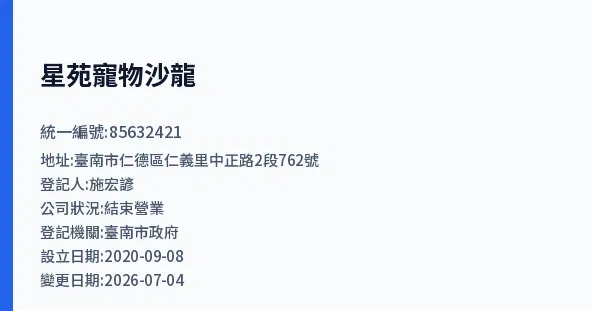 星苑寵物沙龍的照片-統編 85632421(臺南市) 公司登記資料與營業項目詳細圖表