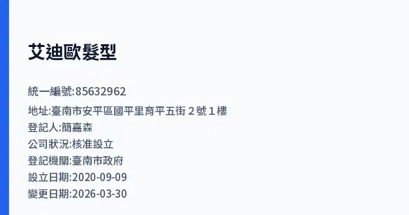 艾迪歐髮型的照片-統編 85632962(臺南市) 公司登記資料與營業項目詳細圖表