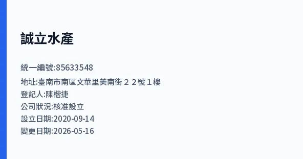 誠立水產的照片-統編 85633548(臺南市) 公司登記資料與營業項目詳細圖表